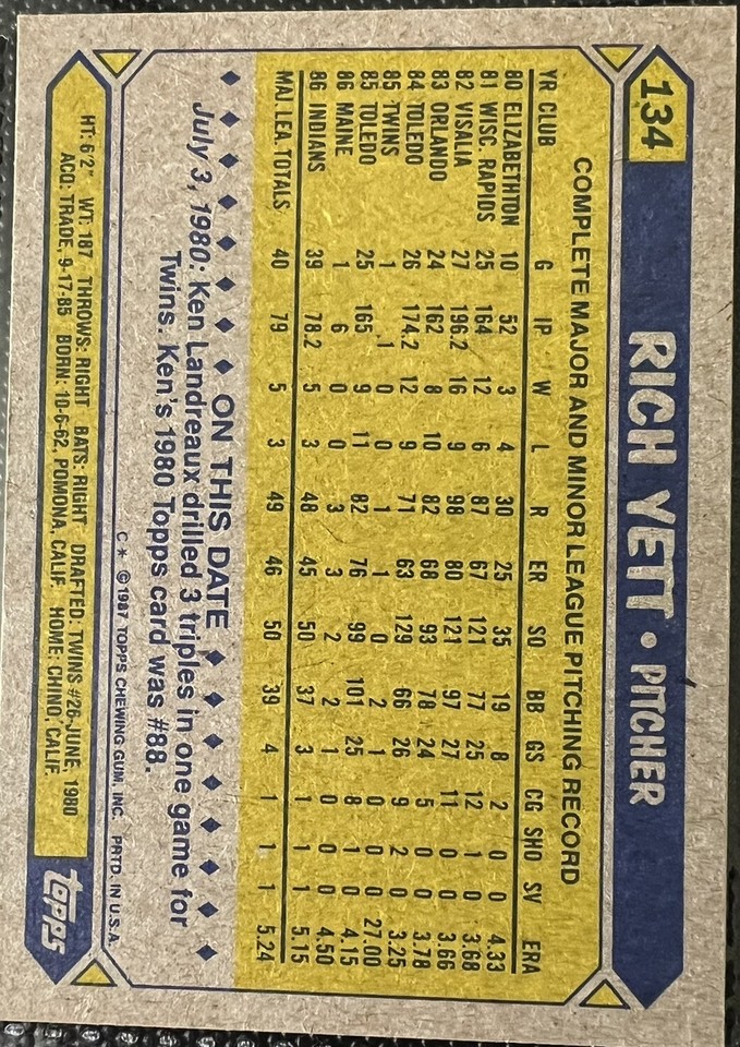 1987 Topps - Tiffany #134 Rich Yett | eBay