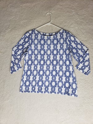Chicos Wome Top 1 Medium Blue Abstract Cotton Blen d3/4 Sleeve Crew Nec ...