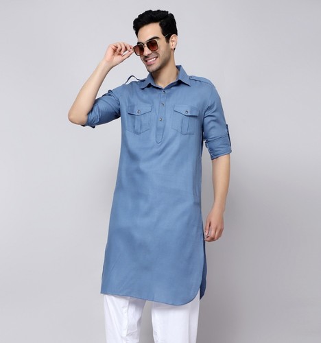 Cotton Pakistani Men’s Pathani Shirt Kurta Tunic Party Wear Solid Blue ...