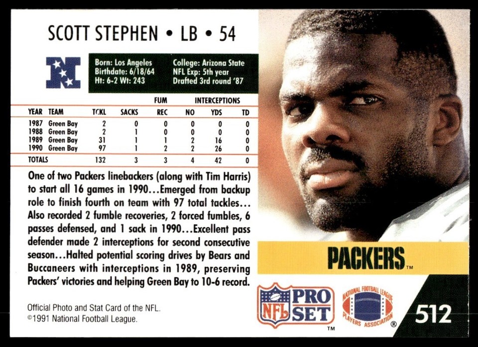 1991 Pro Set Football Card Scott Stephen Green Bay Packers #512 | eBay