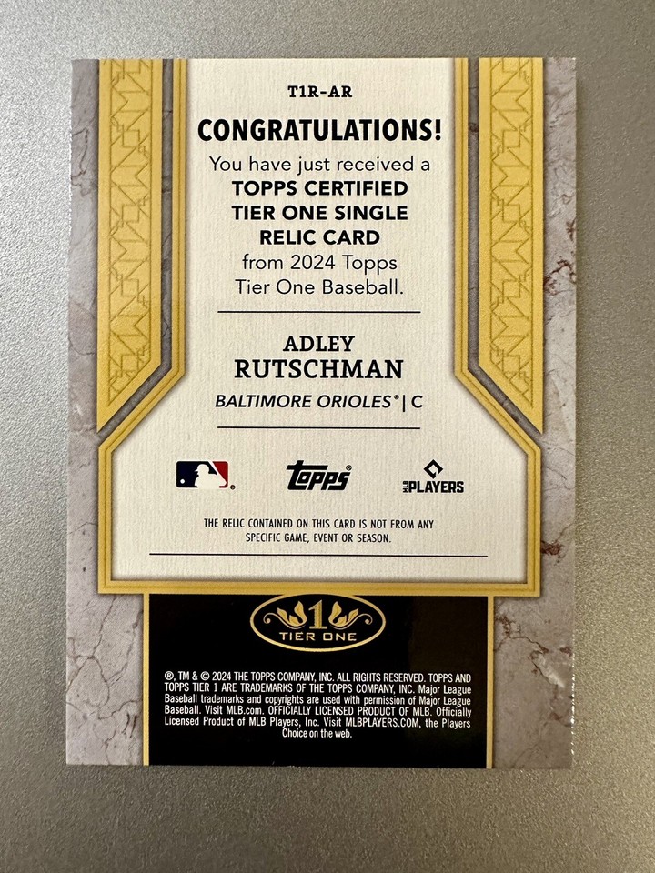 2024 Topps Tier One Adley Rutschman 43/149 Purple Foil Game Used Relic ...