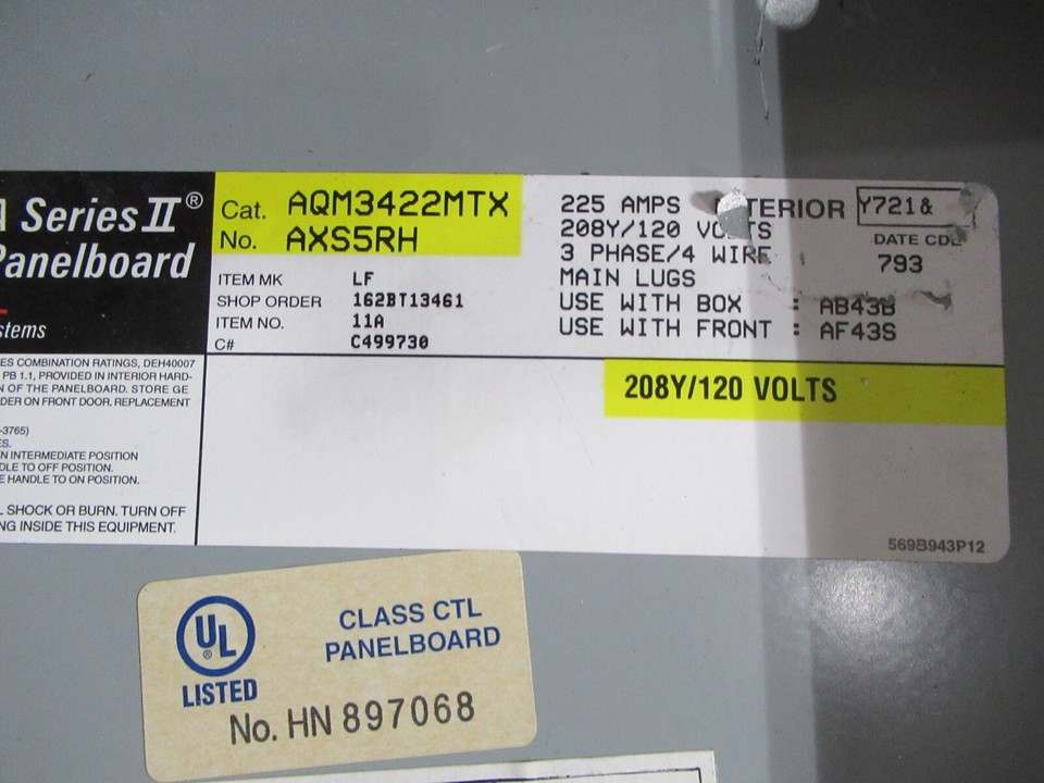 GE AQM3422MTX Panelboard 225 Amp Main Lug 120/208 Volt 3PH4W 42 CKT ...