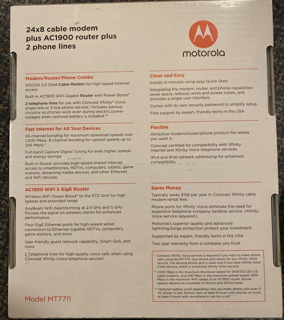 Motorola MT7711 24X8 Cable Modem and AC1900 Dual Band Wi-Fi Gigabit ...