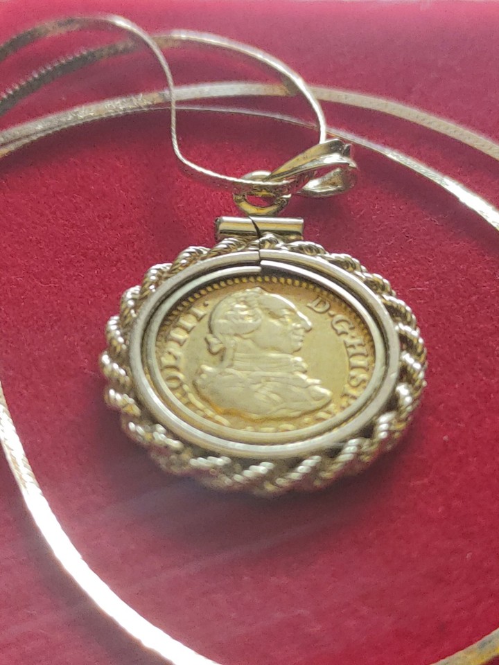 1786 Spanish .875 Gold Half Escudo 14K Gold Pendant 18" 14K Gold Flat ...