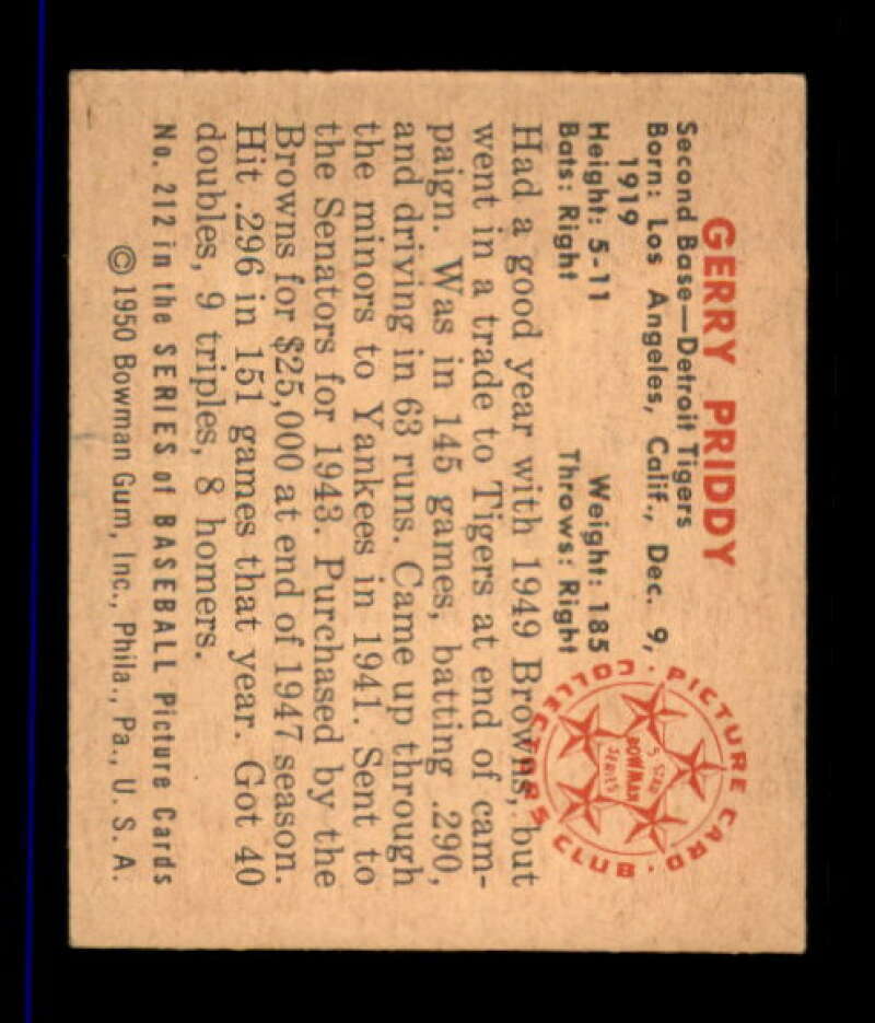 1950 Bowman #212 Jerry Priddy VGEX Tigers 548869 | eBay