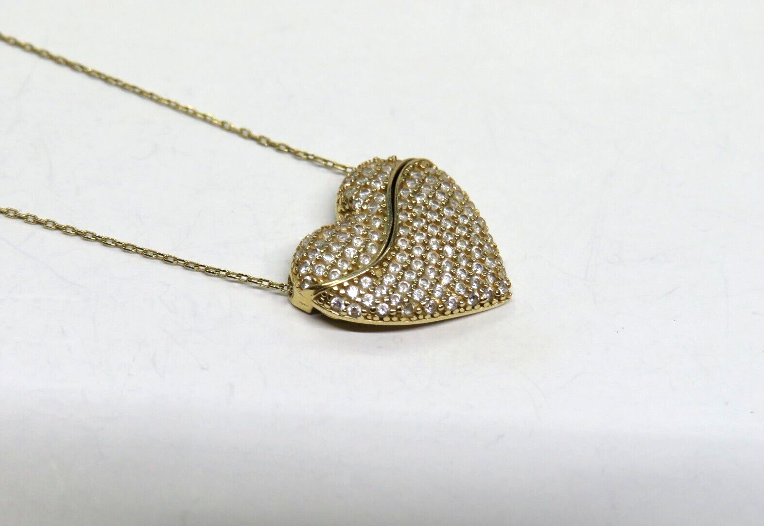Gorgeous Real 14K Yellow GOLD Split Heart PENDANT NECKLACE Cable Chain ...