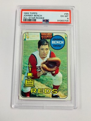 1969 TOPPS JOHNNY BENCH 2ND YEAR ROOKIE CUP #95 PSA 6 EX MT GRADED REDS ...