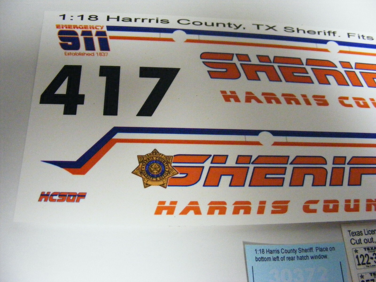 Harris County TX Sheriff 1/18 Water Slide Decal fits model cars diecast ...