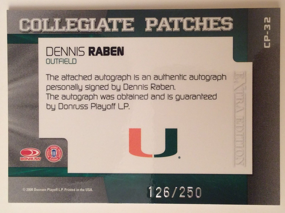 2008 DONRUSS ELITE EXTRA DENNIS RABEN COLLEGIATE PATCHES 126/250 | eBay