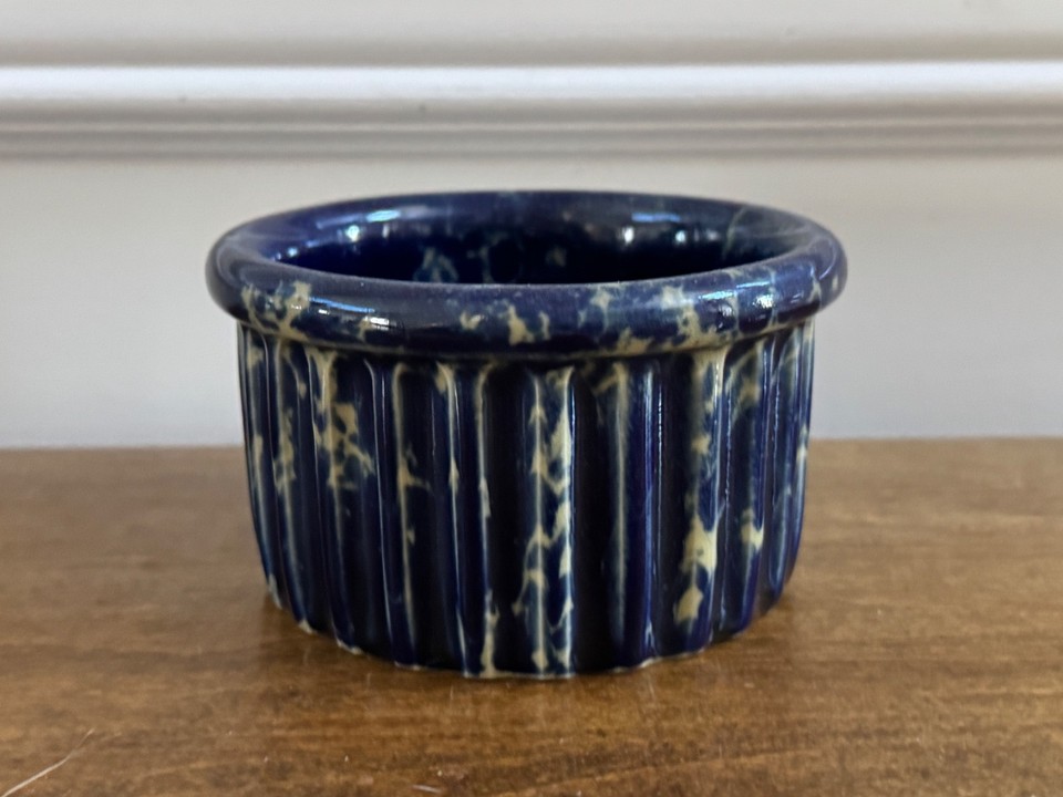 BENNINGTON POTTERS 1884 BUTTER RAMEKIN RIBBED BLUE AGATE SPONGEWARE ...