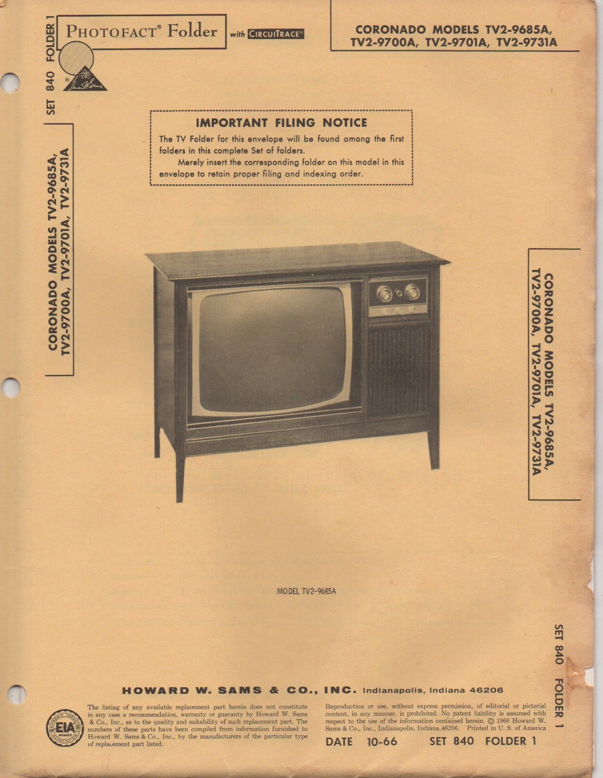 1966 CORONADO TV2-9685A TELEVISION SERVICE MANUAL PHOTOFACT 9700A 9701A ...
