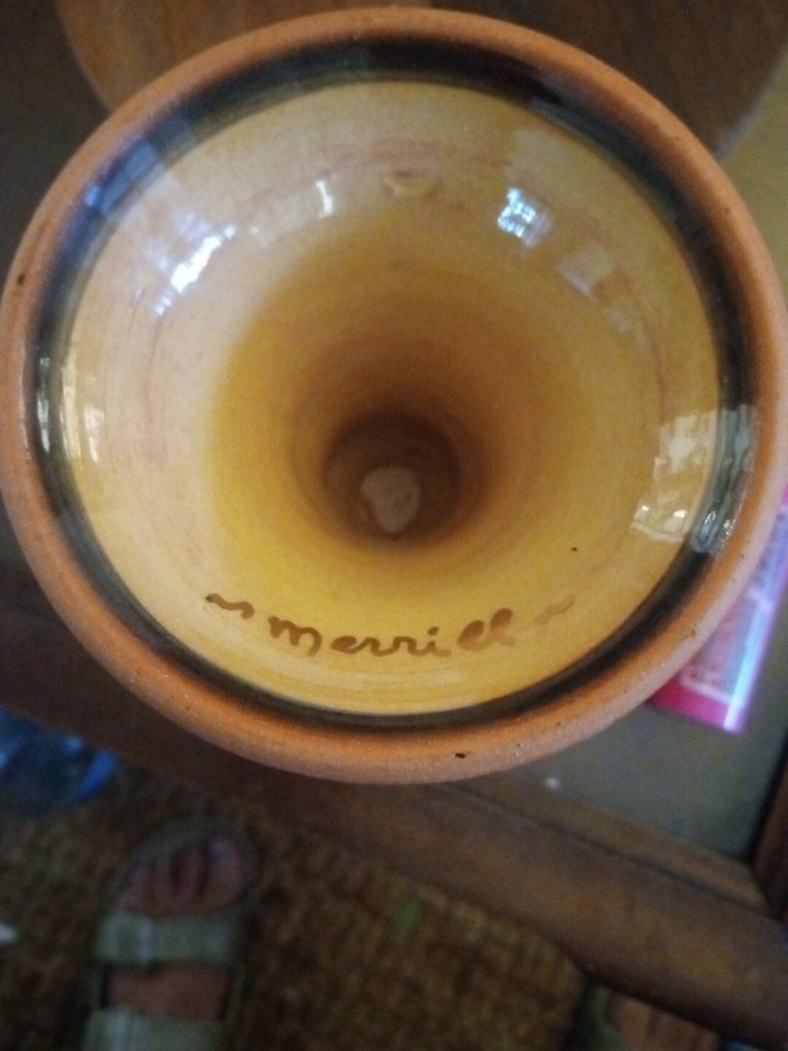 Signed Merrill Studio Art Pottery Brown Blue & Gold Goblet Or Candle ...