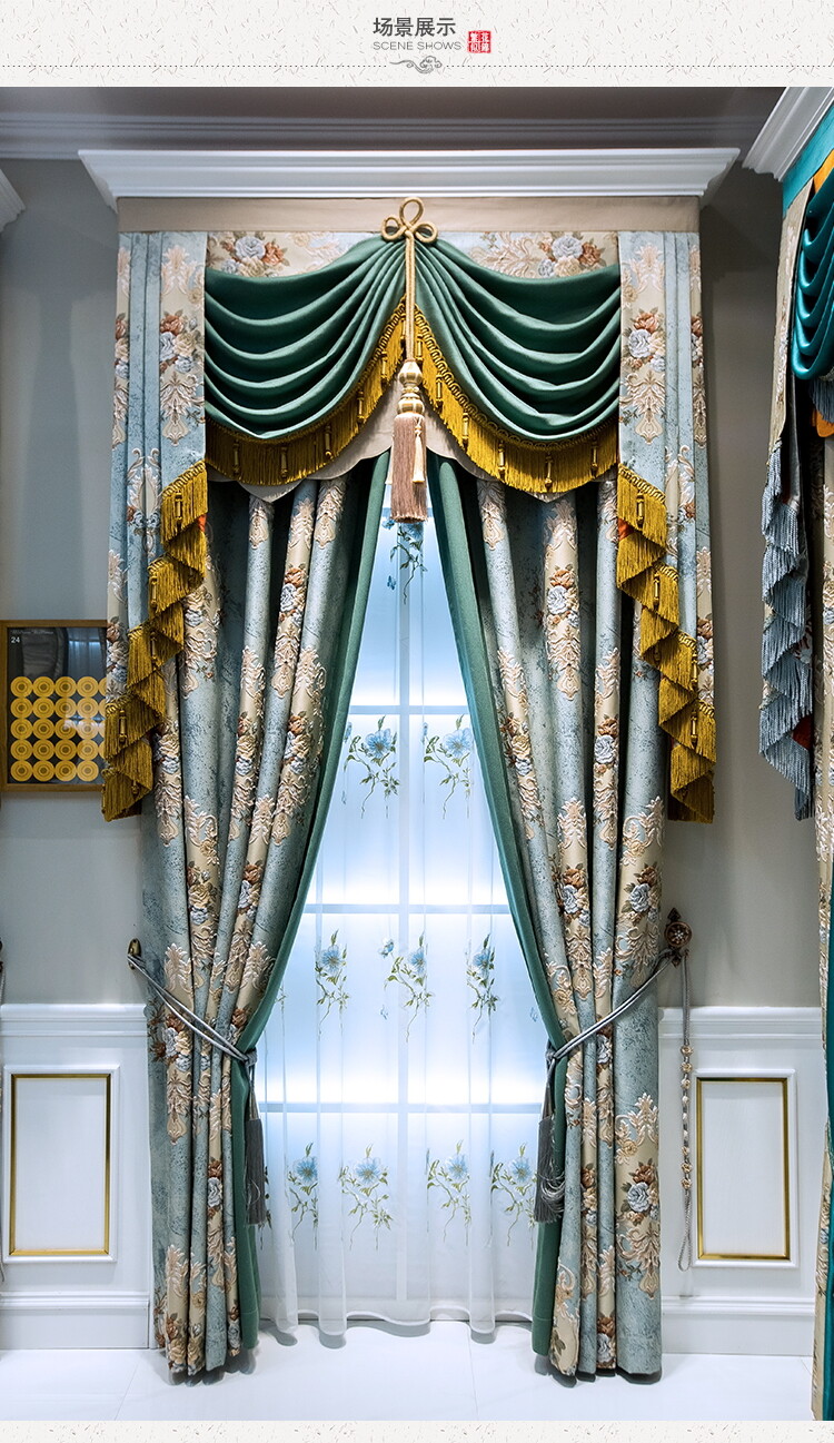 Custom European luxury jacquard blue cloth curtain tulle valance drape ...