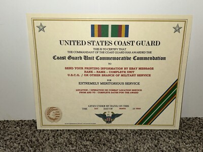 COAST GUARD UNIT COMMENDATION COMMEMORATIVE CITATION CERTIFICATE ~W ...