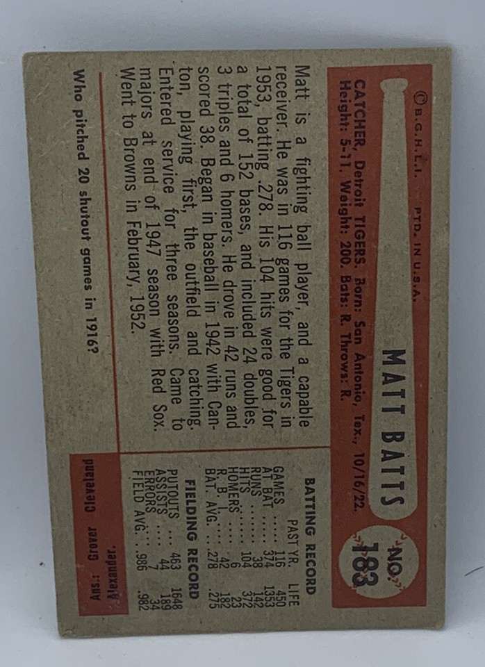 1954 Bowman Baseball Matt Batts Tigers #183 Midgrade | eBay