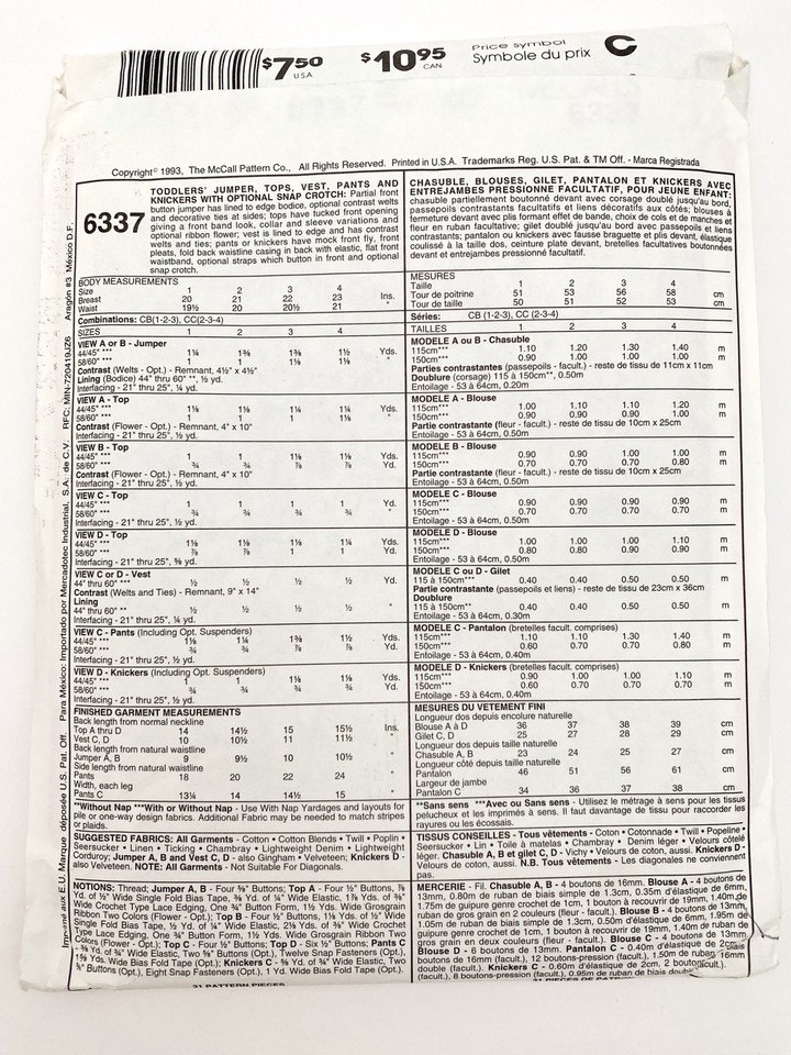 90’s McCalls Pattern 6337 Toddler Jumper Top Vest Pants Knickers Sz 2-4 ...