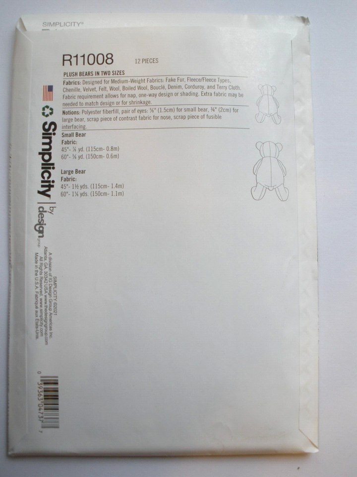 Simplicity R11008 9307 Sewing Pattern Stuffed Animals Plush Bears Small ...
