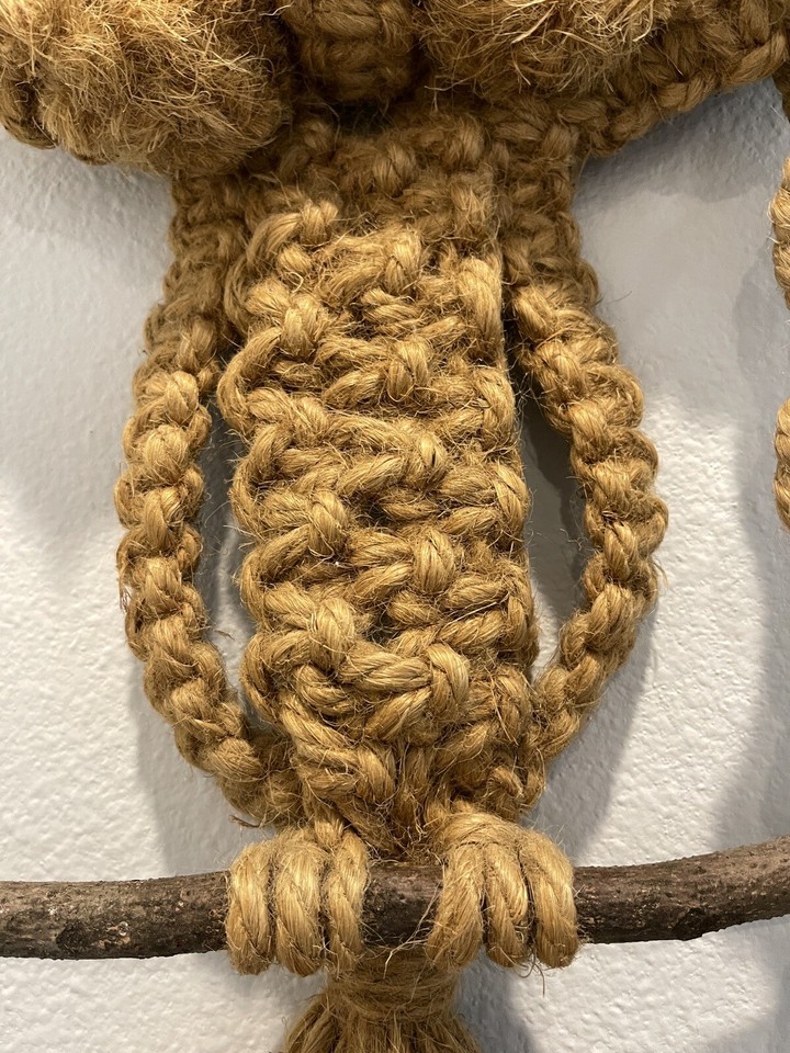 Vintage 70s Big Wood Carved Eyes Jute Macrame Owl Wall Hanging Boho MCM ...