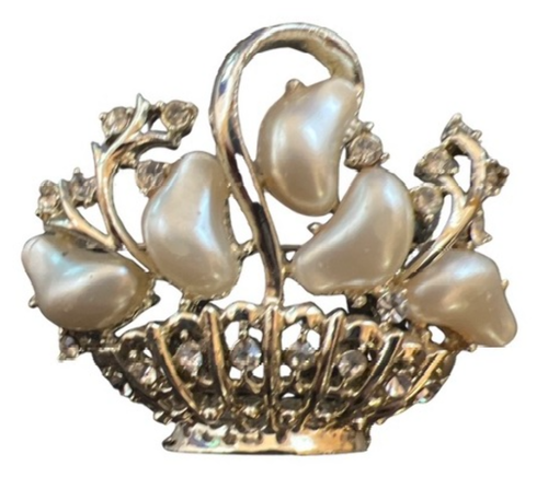 Cora Basket with Rhinestones and Pearls Gold Tone Pinback Hat Lapel Pin ...