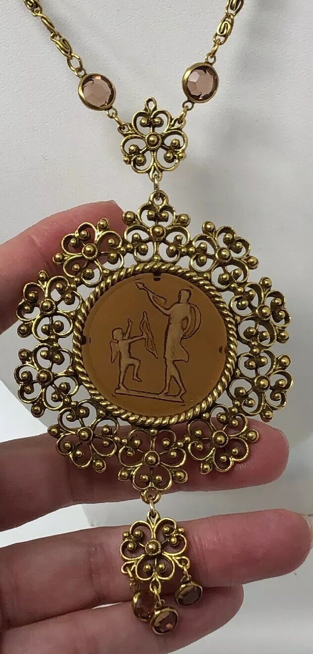 Vintage UnSigned Goldette Intaglio Topaz CRYSTAL Glass Cameo Dangle ...