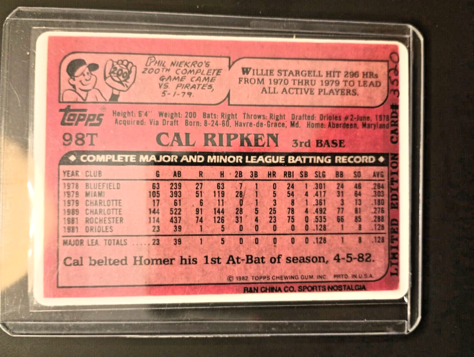 CAL RIPKEN JR 1982 Topps Traded Update #98T /2130 R&N Porcelain Reprint ...