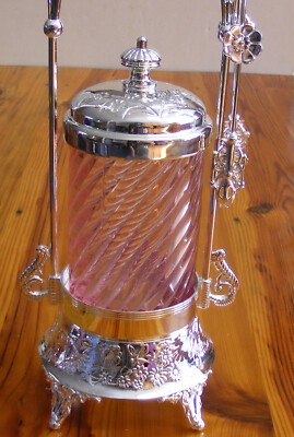 NEW SILVER PLATE FRAME WITH PINK SWIRL INSERT PICKLE CASTOR WITH TONGS ...