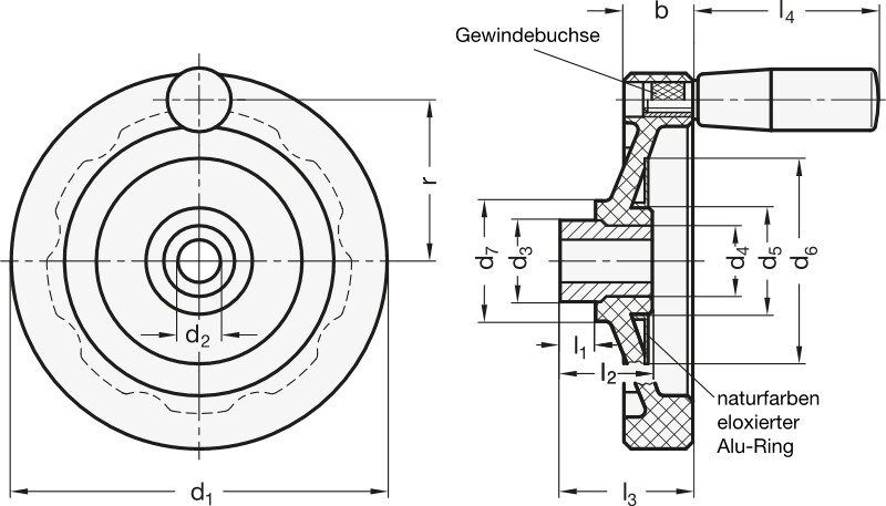 Handrad mit Edelstahlbuchse, Ø125mm, Bohrung 12mm, ohne Nabennut, ohne ...