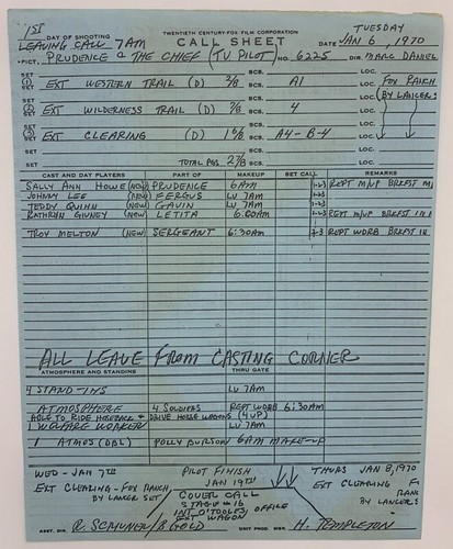 Original 1970 20th Century Fox Call Sheet TV Movie Pilot Prudence and ...