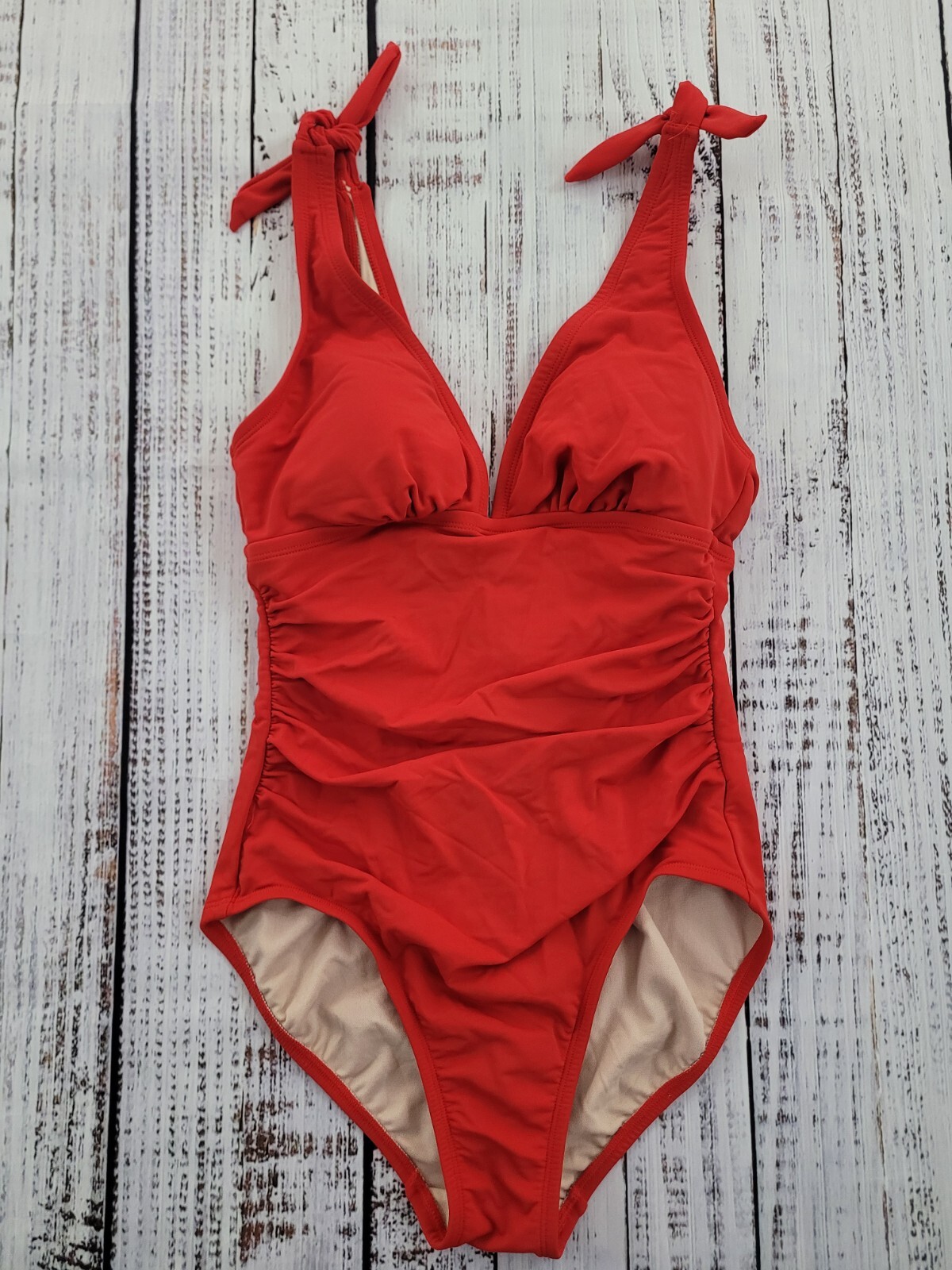 Kona Sol Red Retro Style Ruched One Piece Bathing Sui… - Gem
