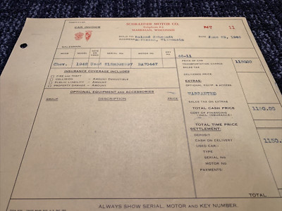 Vtg 1942 Chevrolet Used Auto Dealer Sales Receipt Car Dealership ...