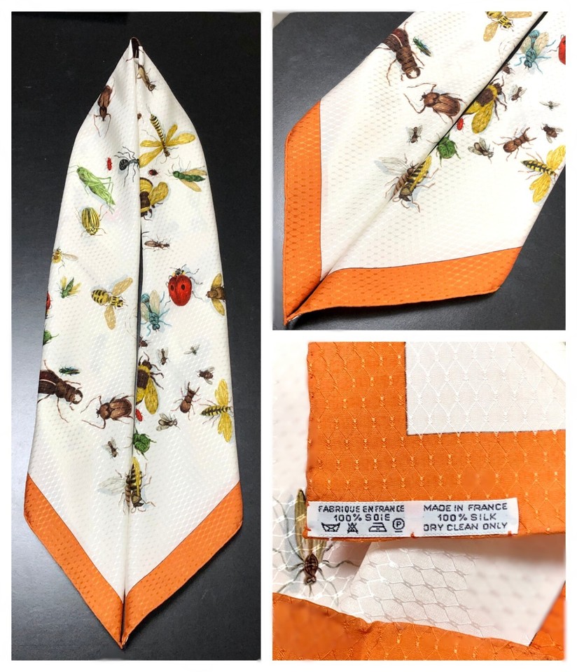 Rare!! HERMES Silk Scarf Les Insectes Bug Insect France 90 White x ...