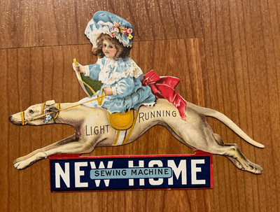 Vintage Trade Card, New Home Sewing Machine w/ Girl Riding Greyhound ...