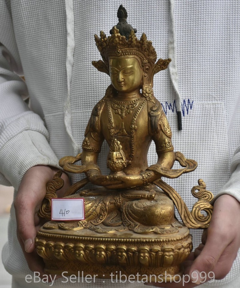 12"Old Chinese Buddhism Copper Gild Amitayus longevity God Goddess ...