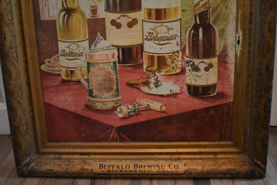 Vintage BUFFALO BREWING CO SELF FRAMED TIN LITH ADVERTISING BEER WINE ...