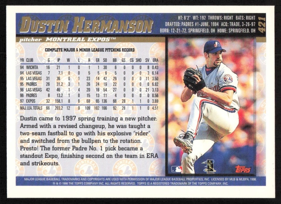 1998 Topps Baseball Dustin Hermanson #421 Montreal Expos | eBay