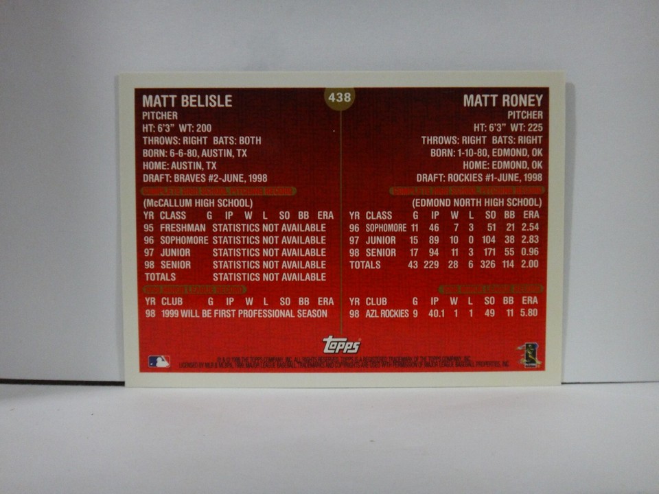 1999 Topps Draft Picks Matt Belisle Matt Roney #438 Rookie RC | eBay