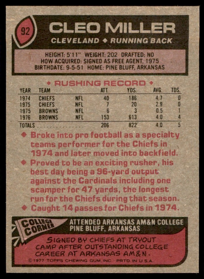 1977 Topps Cleo Miller Rookie Football Card Cleveland Browns #92 | eBay
