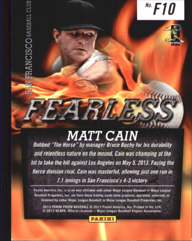 2013 Panini Prizm Matt Cain Fearless Insert Card #10 San Francisco ...
