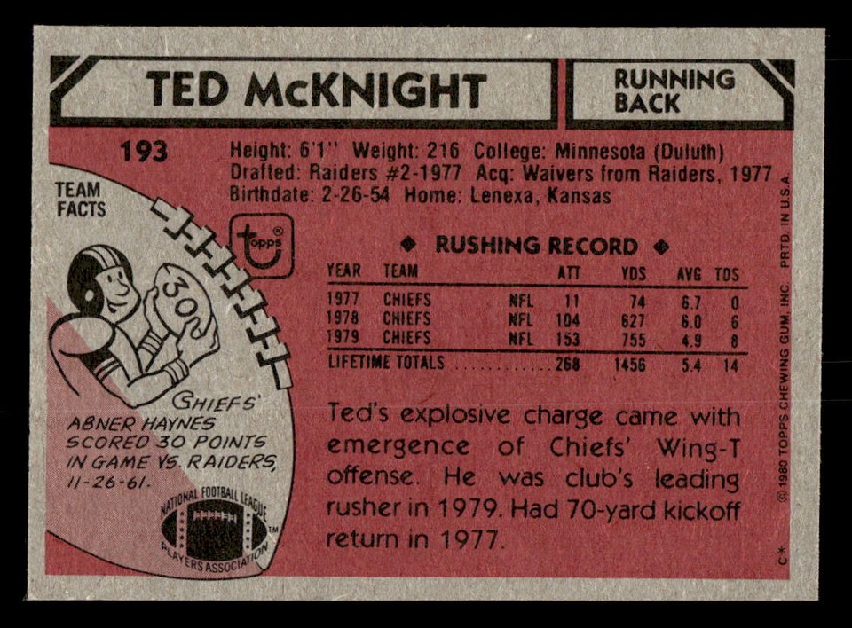 Ted McKnight 1980 Topps #193 RC Rookie Kansas City Chiefs | eBay