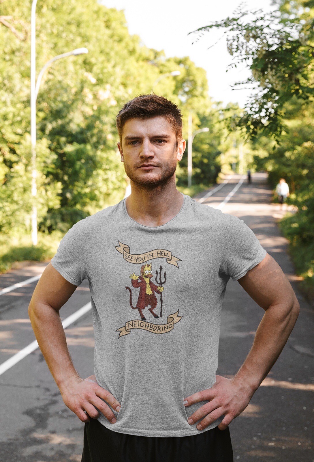 See You iN Hell Neighborino! Simpsons Ned Flanders Devil Men’s Grey Tee ...