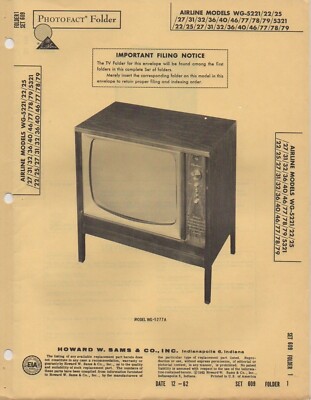 1962 AIRLINE WG-5221 TELEVISION SERVICE MANUAL 5222 5225 5227 5231 5232 ...