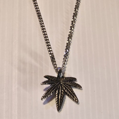WEED POT LEAF Pewter Pendant Charm /18"-24" STAINLESS CURB CHAIN ...