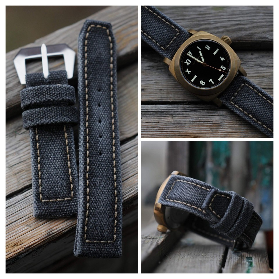24/22mm Distressed Black handmade canvas watch strap | Ready-to-Go | US ...
