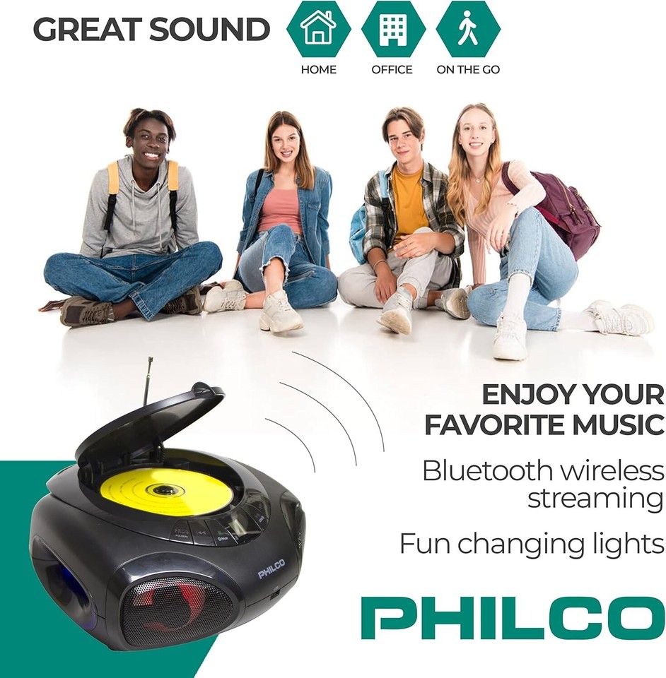 Philco Portable Bluetooth Boombox CD Player with AM/FM Radio and USB ...
