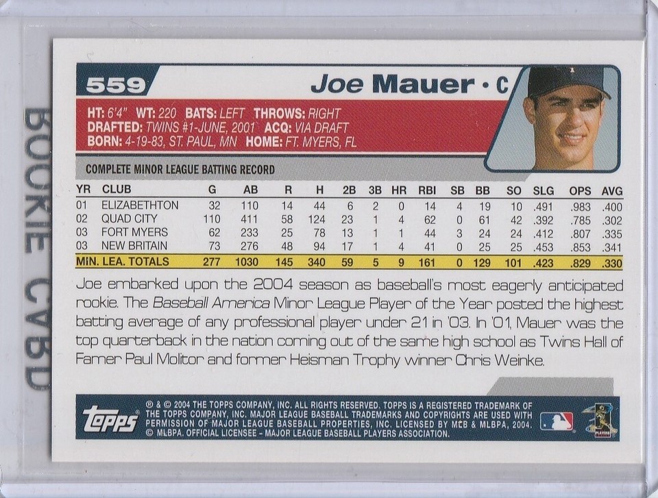 JOE MAUER Topps ROOKIE CARD Baseball RC Minnesota Tiwns Baseball ...