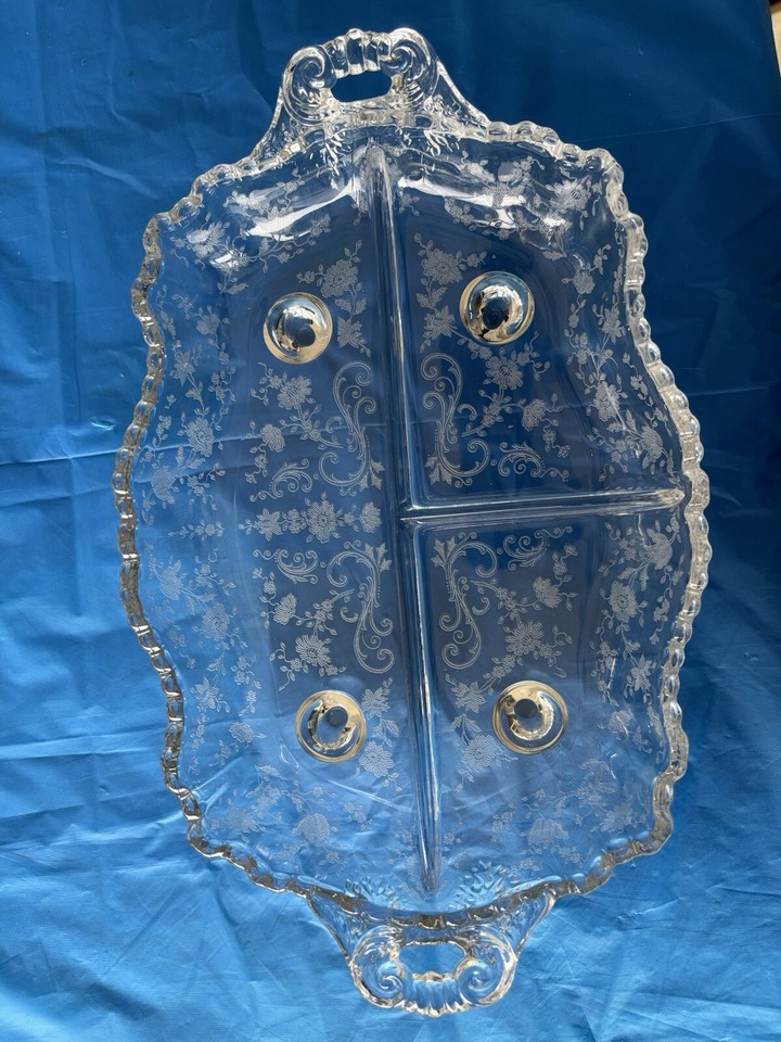 CAMBRIDGE ELEGANT ETCHED GLASS ROSE POINT PATTERN 3 PART RELISH SERVER ...