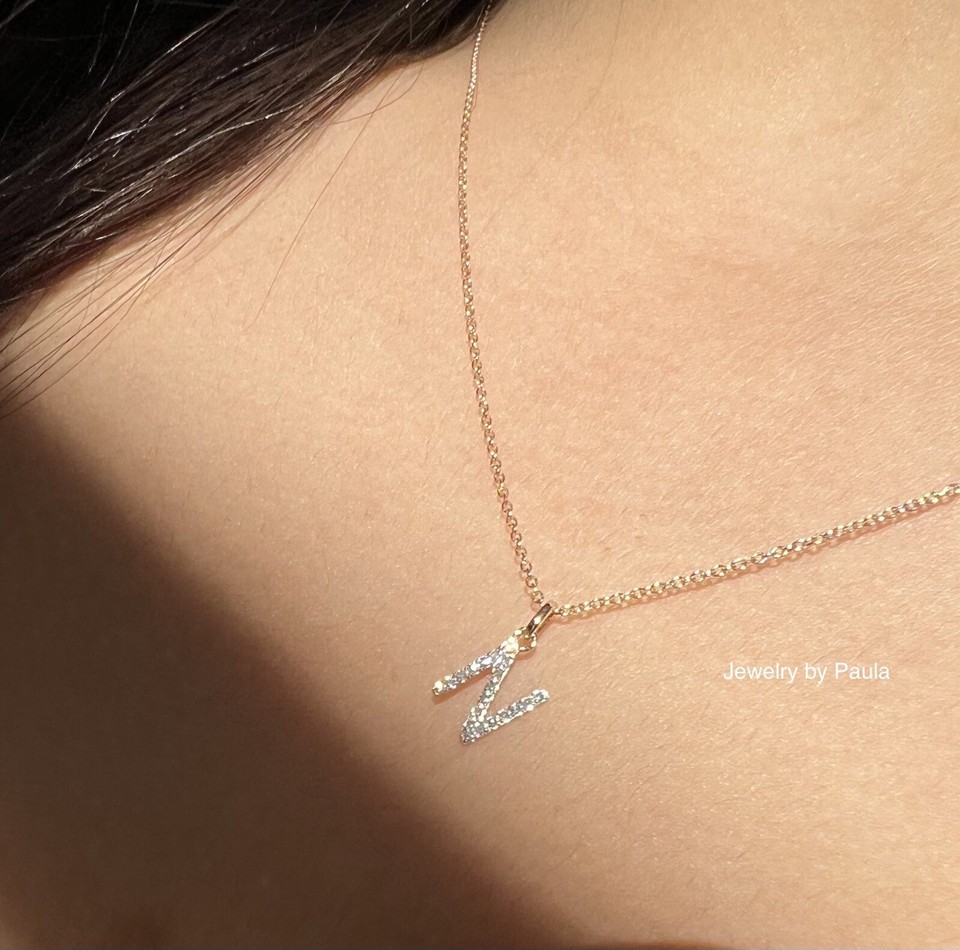 14K REAL Solid Gold Diamond Letter Pendant Initial Alphabetical ...