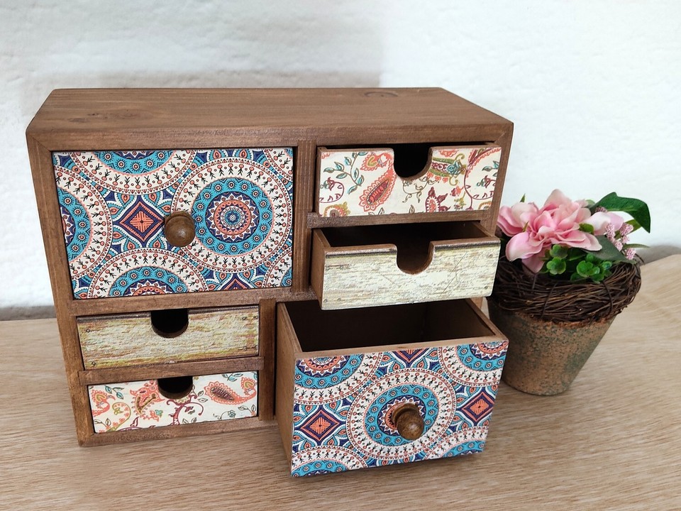 Mini Desktop Chest Of Drawers. Jewelry Drawers Box with blue and orange ...