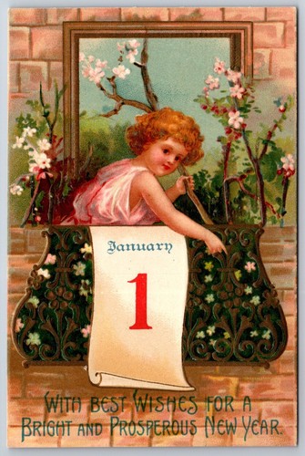 Clapsaddle New Year~Lil Girl w/January 1 Banner~Window Balcony~Flowers ...