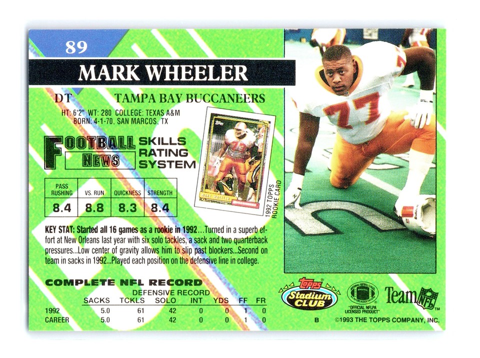 1993 Stadium Club Football #89 Mark Wheeler Tampa Bay Buccaneers | eBay